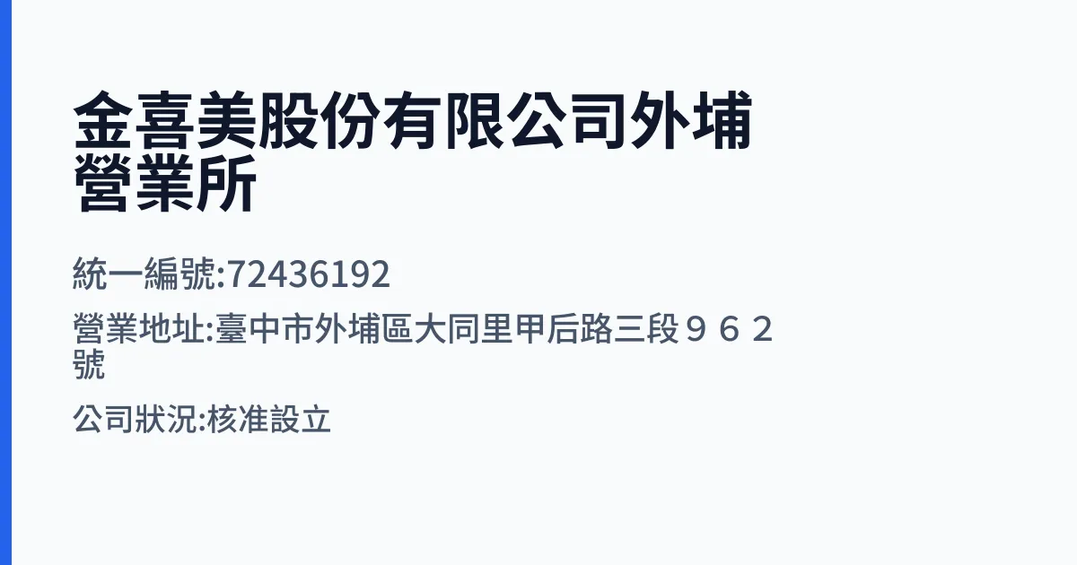 金喜美股份有限公司外埔營業所 - 統編 72436192(臺中市) 公司登記資料與營業項目詳細圖表