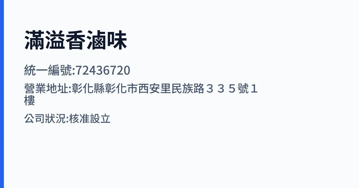 滿溢香滷味 - 統編 72436720(彰化縣) 公司登記資料與營業項目詳細圖表