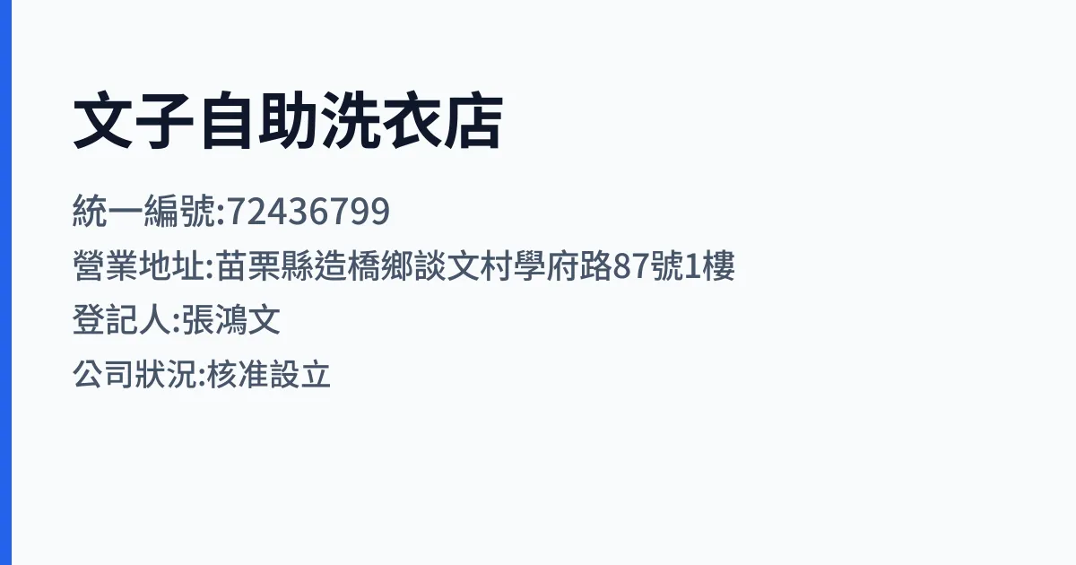 文子自助洗衣店 - 統編 72436799(苗栗縣) 公司登記資料與營業項目詳細圖表