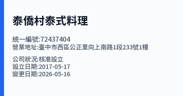 泰僑村泰式料理的照片-統編 72437404(臺中市) 公司登記資料與營業項目詳細圖表
