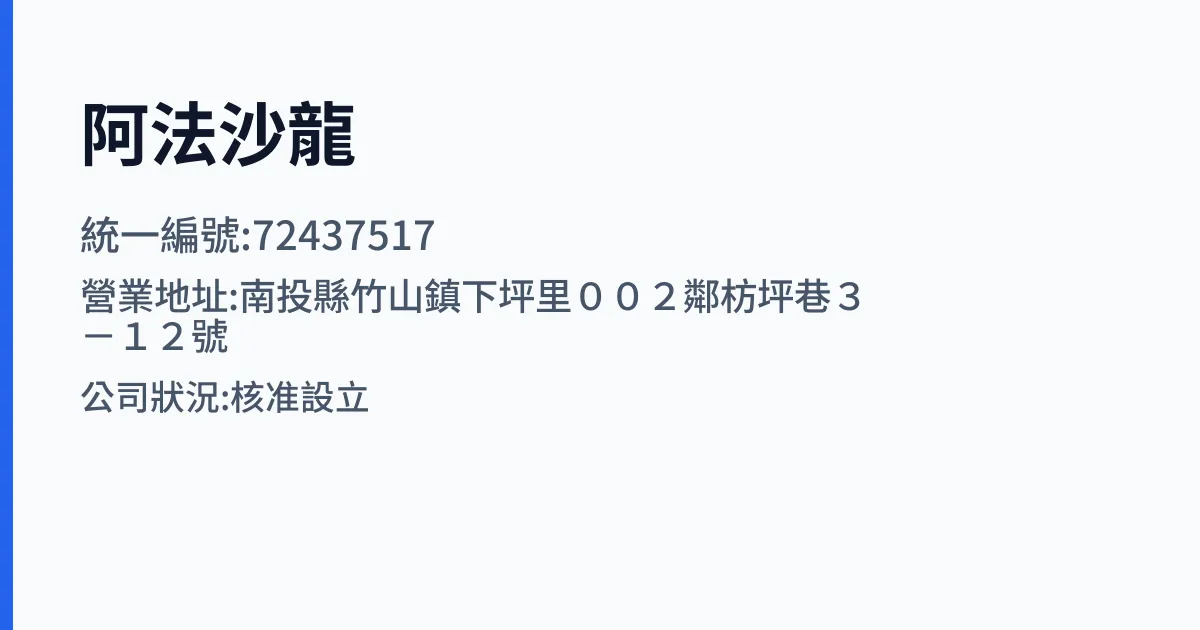 阿法沙龍 - 統編 72437517(南投縣) 公司登記資料與營業項目詳細圖表