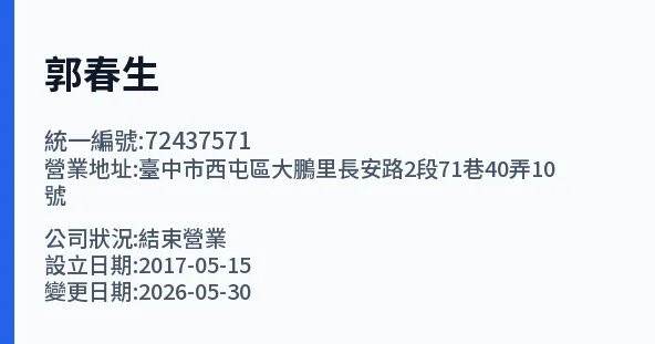 郭春生的照片-統編 72437571(臺中市) 公司登記資料與營業項目詳細圖表