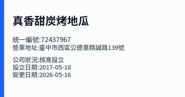 真香甜炭烤地瓜的照片-統編 72437967(臺中市) 公司登記資料與營業項目詳細圖表