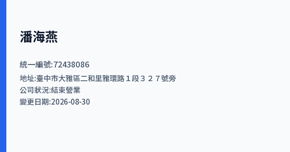 潘海燕的照片-統編 72438086(臺中市) 公司登記資料與營業項目詳細圖表