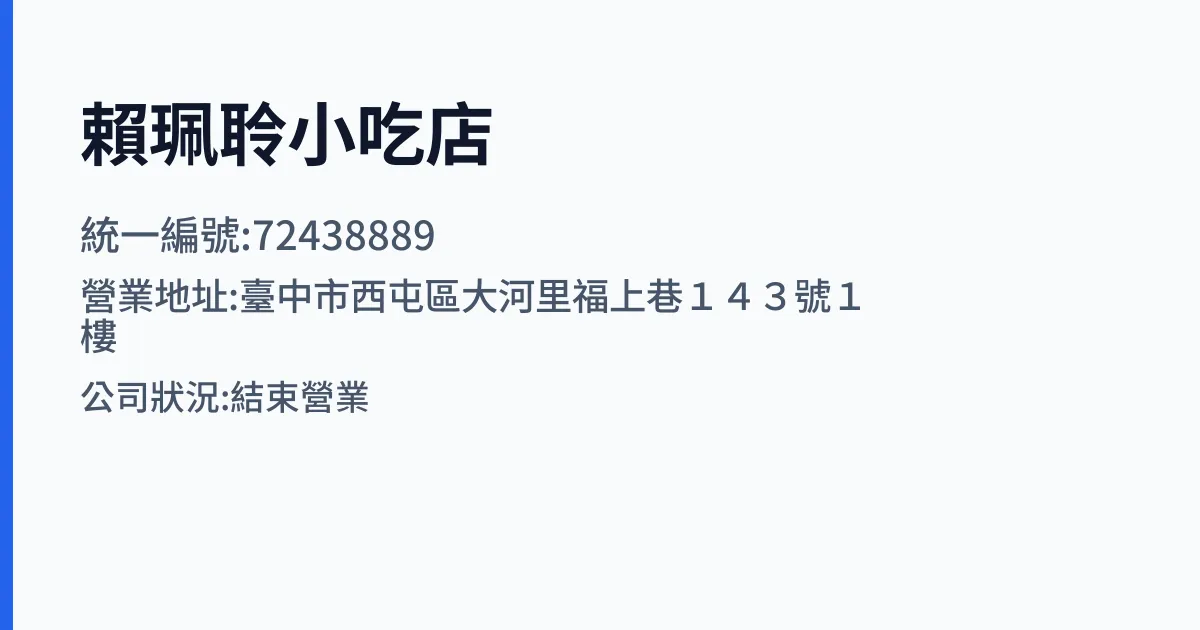 賴珮聆小吃店 - 統編 72438889(臺中市) 公司登記資料與營業項目詳細圖表
