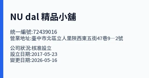 NU dal 精品小舖的照片-統編 72439016(臺中市) 公司登記資料與營業項目詳細圖表