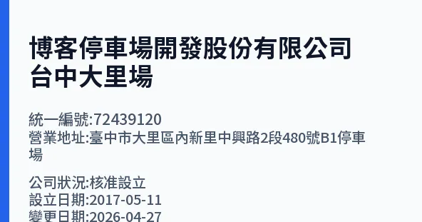 博客停車場開發股份有限公司台中大里場的照片-統編 72439120(臺中市) 公司登記資料與營業項目詳細圖表