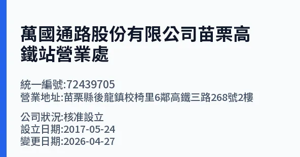 萬國通路股份有限公司苗栗高鐵站營業處的照片-統編 72439705(苗栗縣) 公司登記資料與營業項目詳細圖表