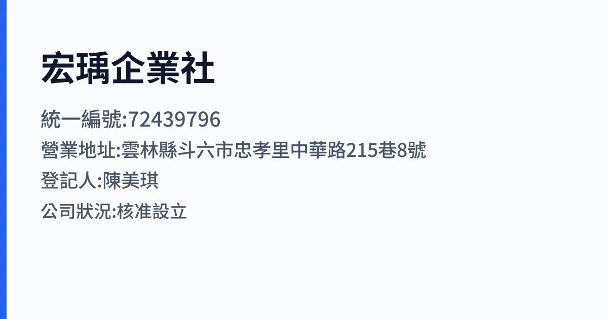 宏瑀企業社 - 統編 72439796(雲林縣) 公司登記資料與營業項目詳細圖表