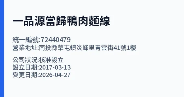 一品源當歸鴨肉麵線的照片-統編 72440479(南投縣) 公司登記資料與營業項目詳細圖表