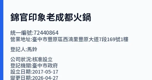 錦官印象老成都火鍋的照片-統編 72440864(臺中市) 公司登記資料與營業項目詳細圖表