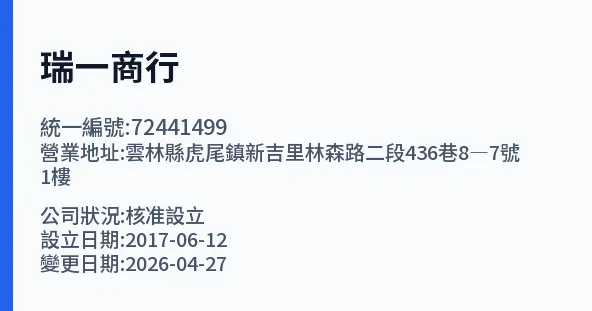 瑞一商行的照片-統編 72441499(雲林縣) 公司登記資料與營業項目詳細圖表