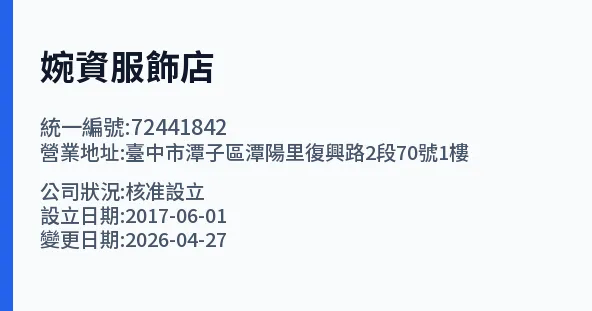 婉資服飾店的照片-統編 72441842(臺中市) 公司登記資料與營業項目詳細圖表
