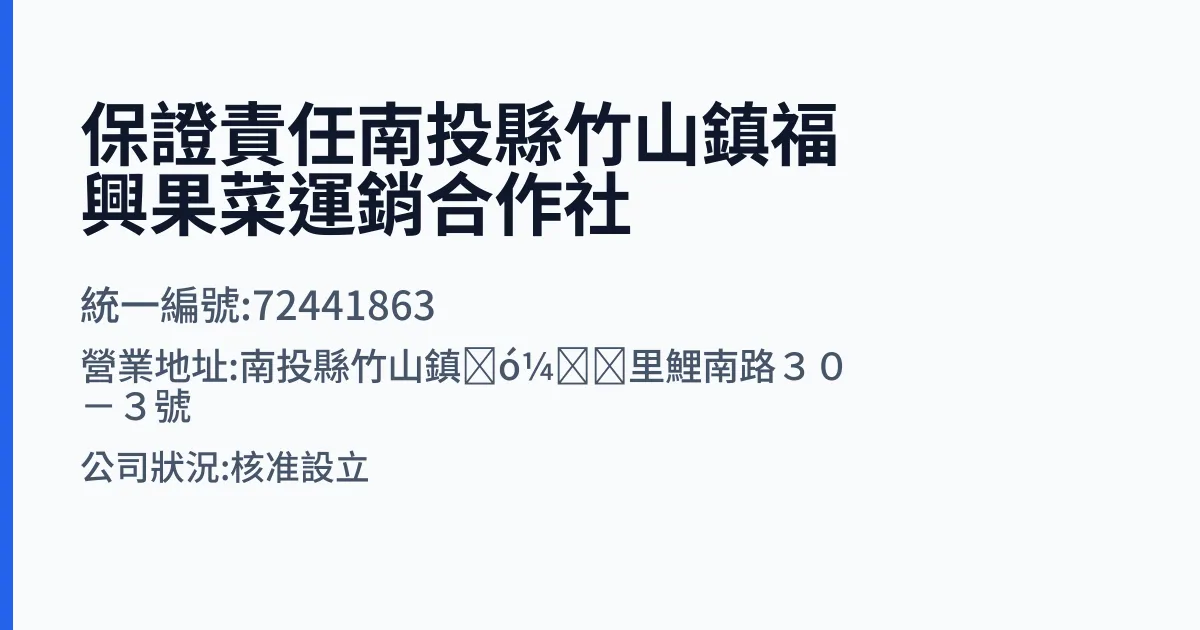 保證責任南投縣竹山鎮福興果菜運銷合作社 - 統編 72441863(南投縣) 公司登記資料與營業項目詳細圖表
