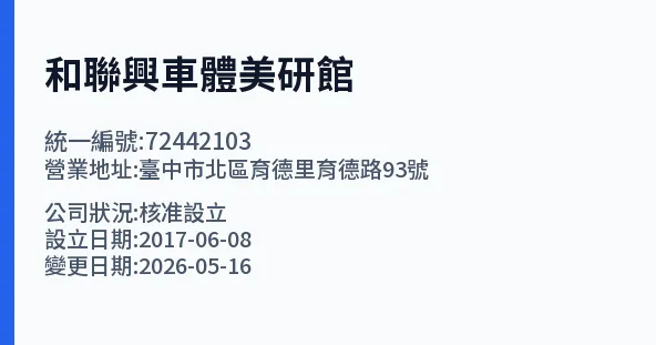 和聯興車體美研館的照片-統編 72442103(臺中市) 公司登記資料與營業項目詳細圖表