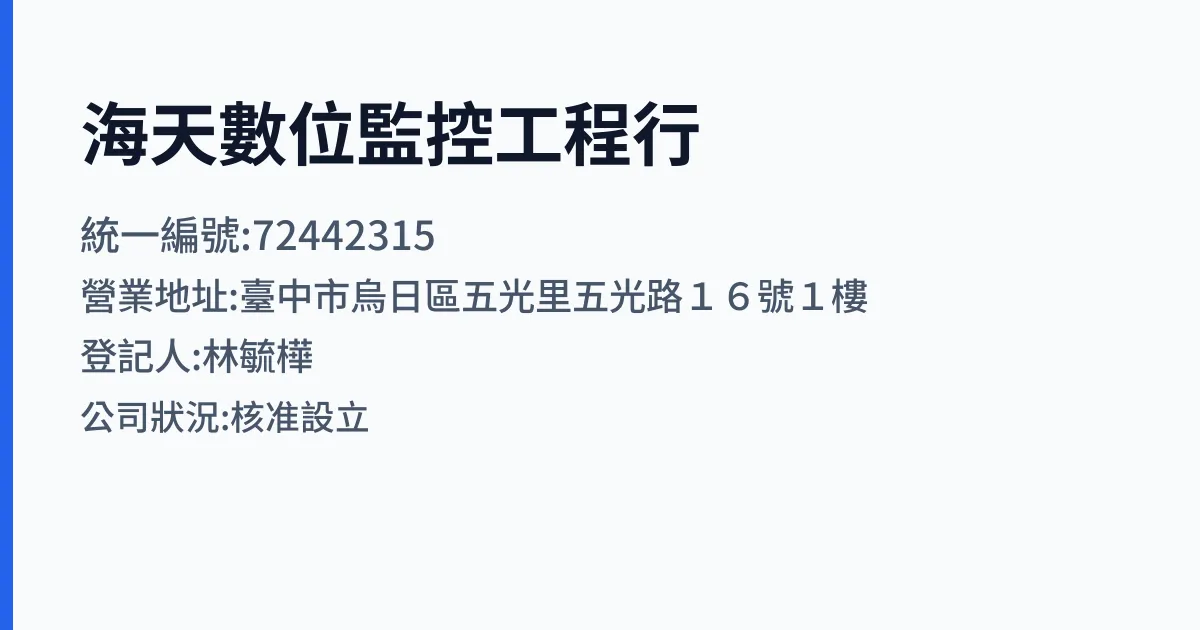 海天數位監控工程行 - 統編 72442315(臺中市) 公司登記資料與營業項目詳細圖表