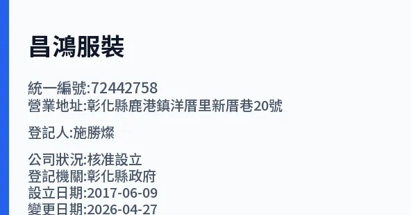 昌鴻服裝的照片-統編 72442758(彰化縣) 公司登記資料與營業項目詳細圖表