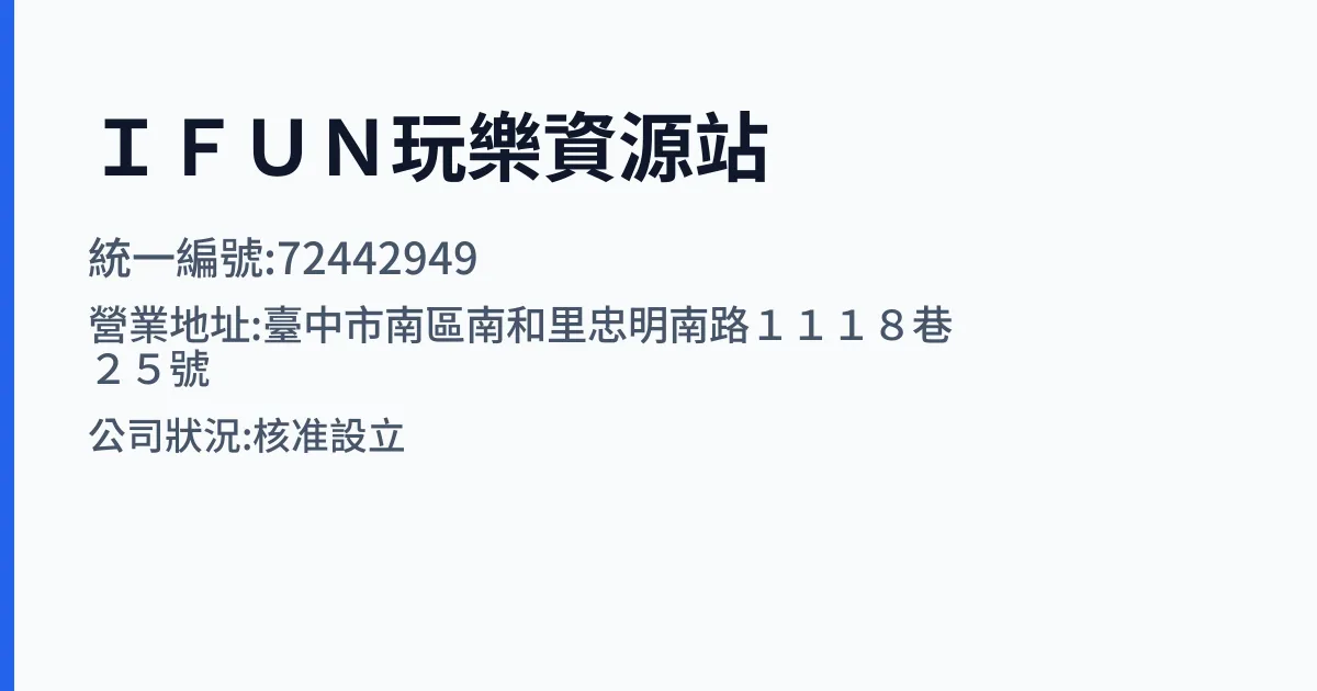ＩＦＵＮ玩樂資源站 - 統編 72442949(臺中市) 公司登記資料與營業項目詳細圖表