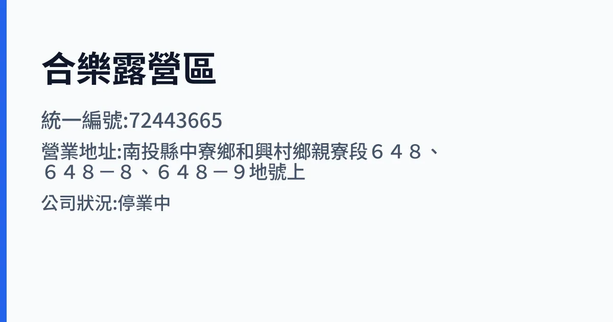 合樂露營區 - 統編 72443665(南投縣) 公司登記資料與營業項目詳細圖表