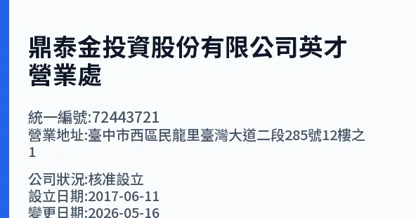 鼎泰金投資股份有限公司英才營業處的照片-統編 72443721(臺中市) 公司登記資料與營業項目詳細圖表