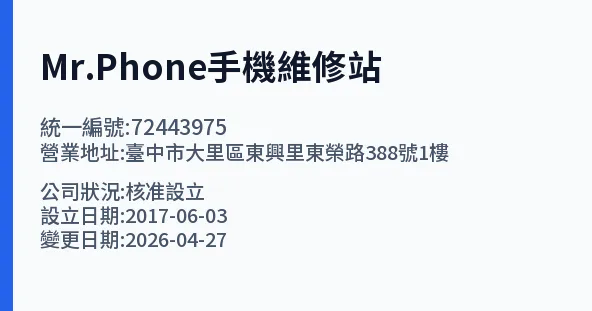 Mr.Phone手機維修站的照片-統編 72443975(臺中市) 公司登記資料與營業項目詳細圖表