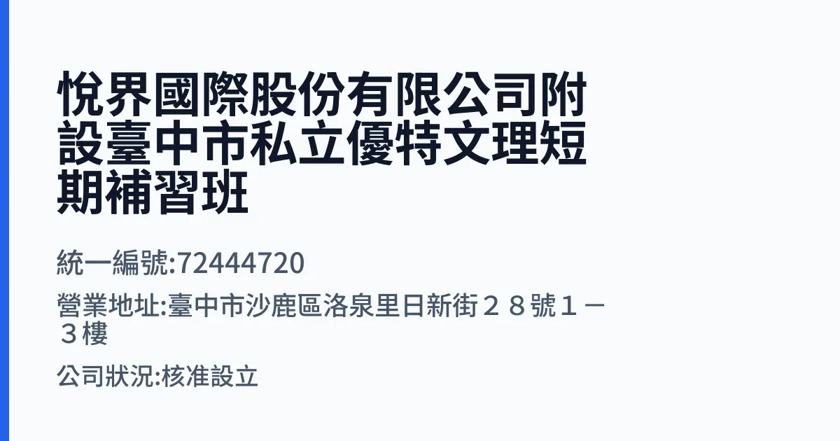 悅界國際股份有限公司附設臺中市私立優特文理短期補習班 - 統編 72444720(臺中市) 公司登記資料與營業項目詳細圖表