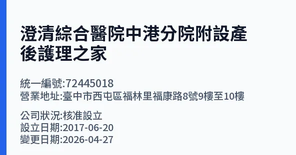 澄清綜合醫院中港分院附設產後護理之家的照片-統編 72445018(臺中市) 公司登記資料與營業項目詳細圖表