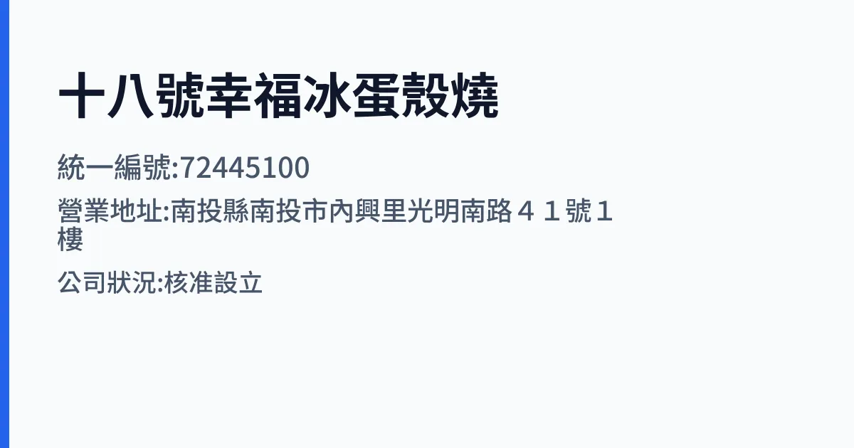 十八號幸福冰蛋殼燒 - 統編 72445100(南投縣) 公司登記資料與營業項目詳細圖表