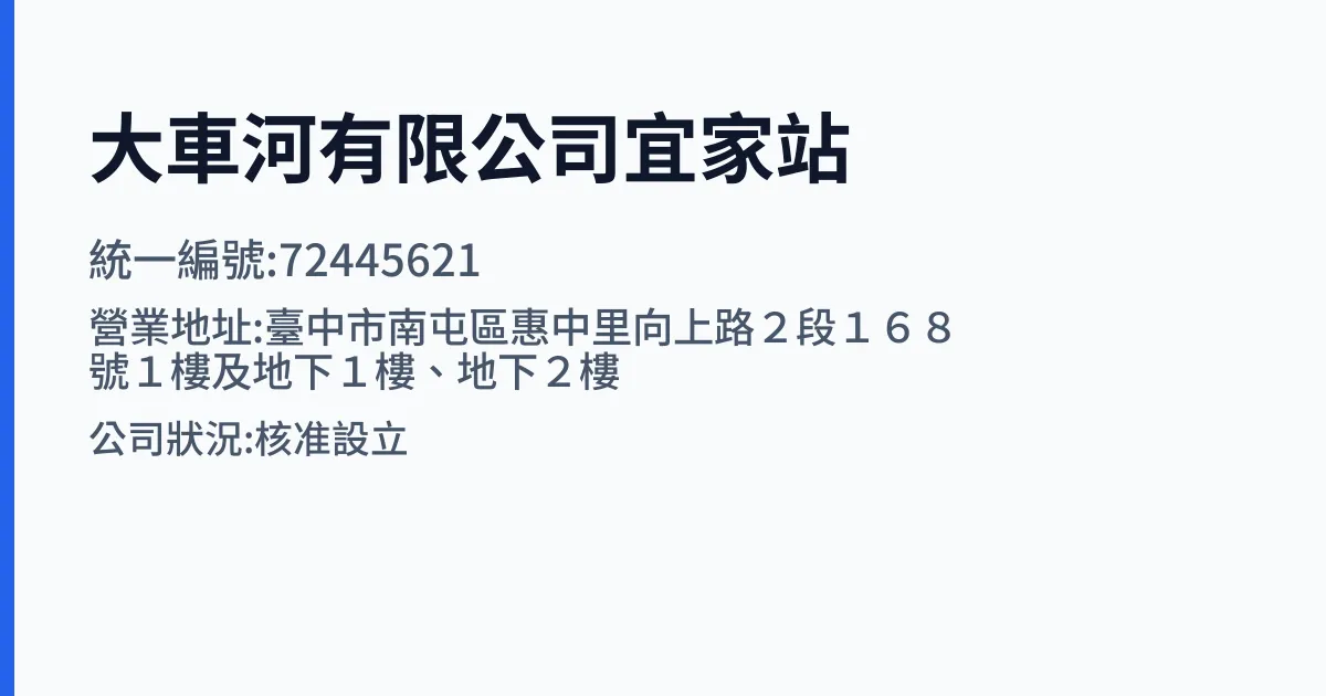 大車河有限公司宜家站 - 統編 72445621(臺中市) 公司登記資料與營業項目詳細圖表
