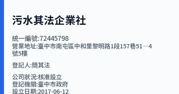 污水其法企業社的照片-統編 72445798(臺中市) 公司登記資料與營業項目詳細圖表