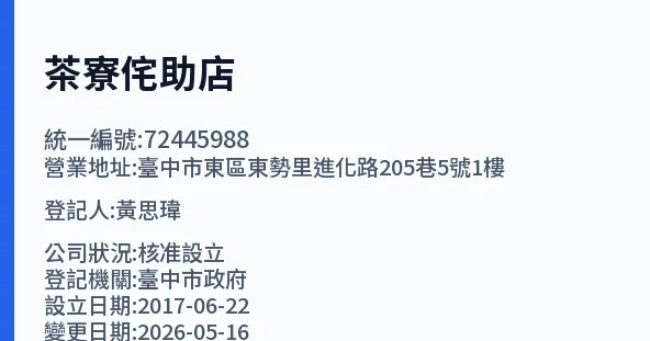 茶寮侘助店的照片-統編 72445988(臺中市) 公司登記資料與營業項目詳細圖表