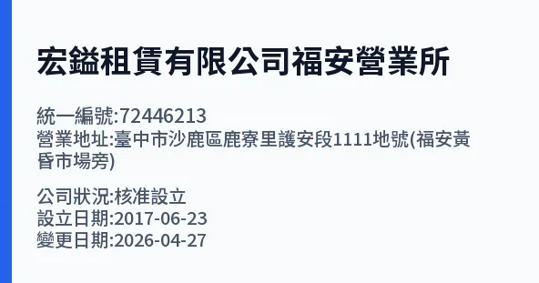宏鎰租賃有限公司福安營業所的照片-統編 72446213(臺中市) 公司登記資料與營業項目詳細圖表
