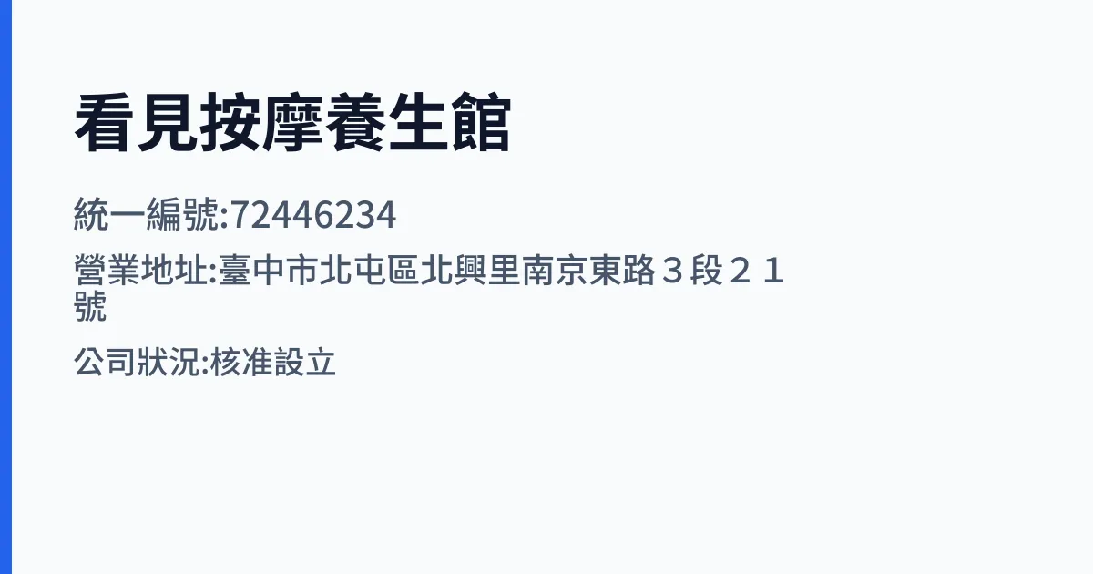看見按摩養生館 - 統編 72446234(臺中市) 公司登記資料與營業項目詳細圖表