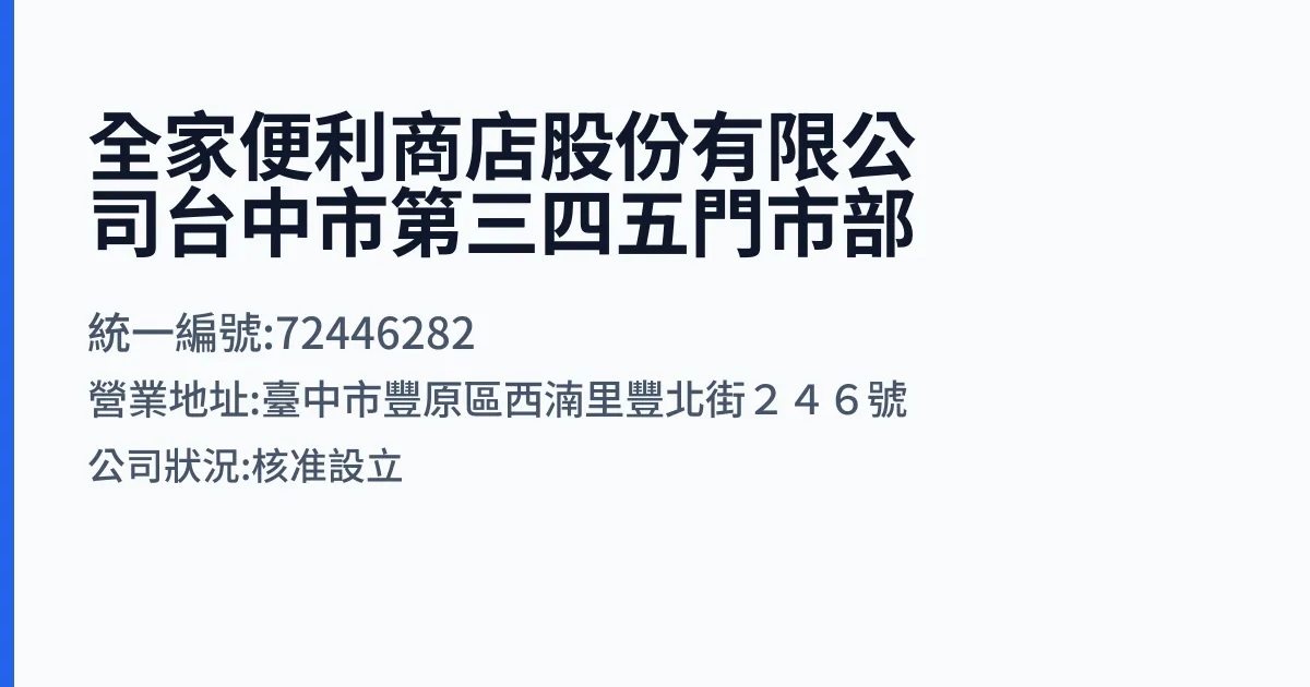 全家便利商店股份有限公司台中市第三四五門市部 - 統編 72446282（臺中市） 公司登記資料與營業項目詳細圖表