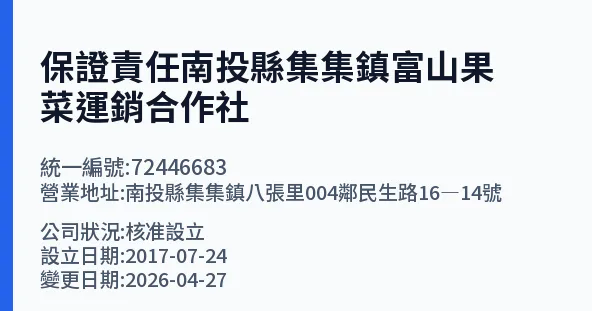保證責任南投縣集集鎮富山果菜運銷合作社的照片-統編 72446683(南投縣) 公司登記資料與營業項目詳細圖表