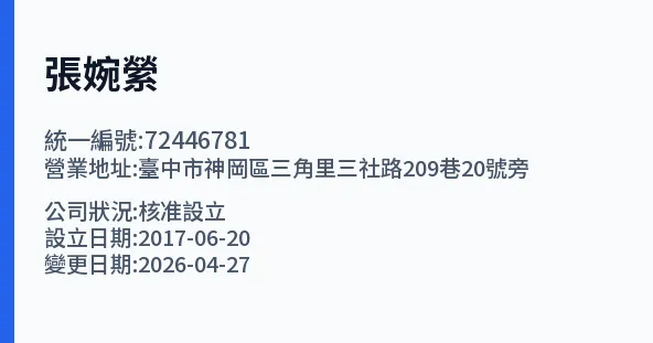 張婉縈的照片-統編 72446781(臺中市) 公司登記資料與營業項目詳細圖表