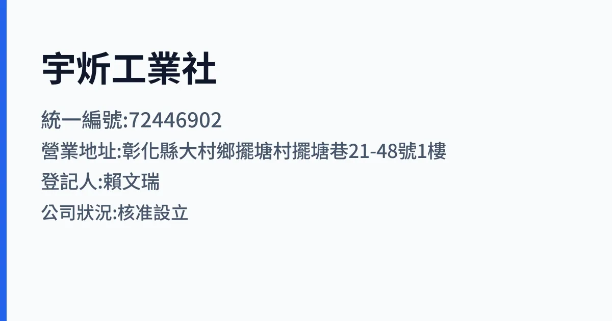 宇炘工業社 - 統編 72446902(彰化縣) 公司登記資料與營業項目詳細圖表