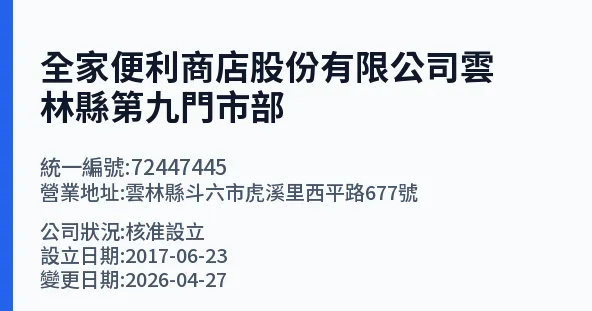 全家便利商店股份有限公司雲林縣第九門市部的照片-統編 72447445(雲林縣) 公司登記資料與營業項目詳細圖表