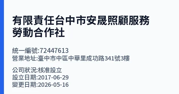 有限責任台中市安晟照顧服務勞動合作社的照片-統編 72447613(臺中市) 公司登記資料與營業項目詳細圖表