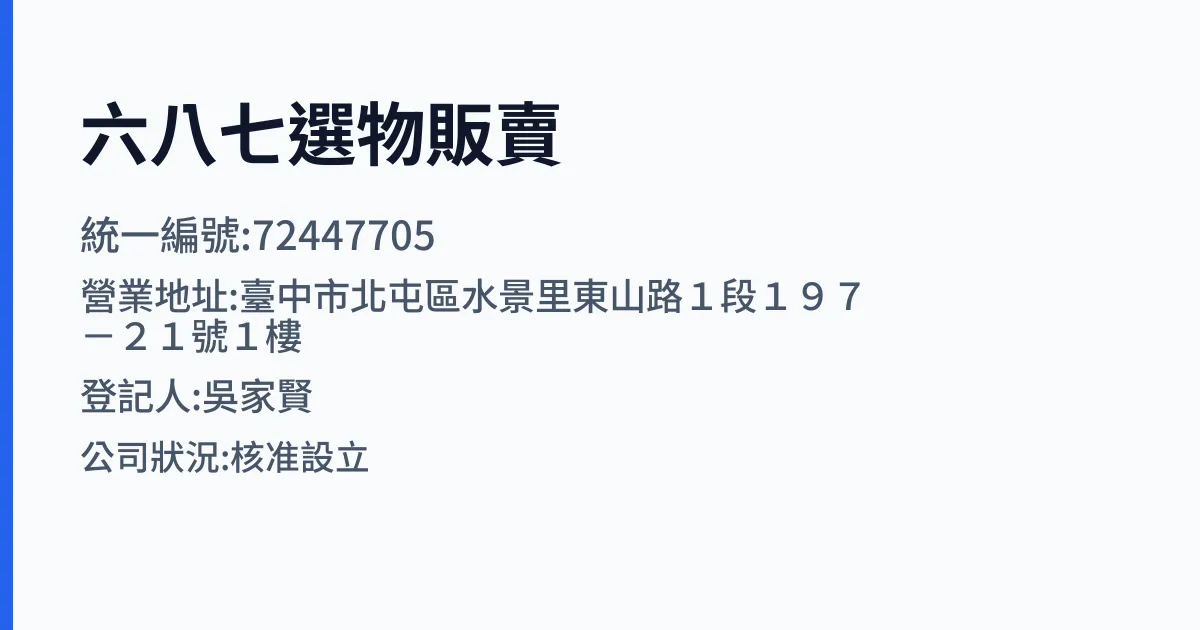 六八七選物販賣 - 統編 72447705(臺中市) 公司登記資料與營業項目詳細圖表