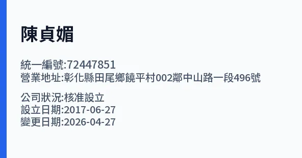 陳貞媚的照片-統編 72447851(彰化縣) 公司登記資料與營業項目詳細圖表