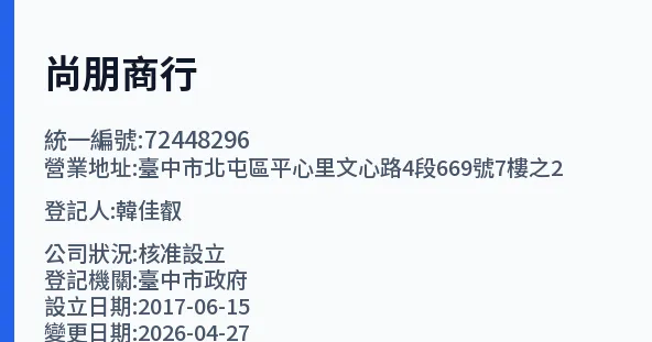 尚朋商行的照片-統編 72448296(臺中市) 公司登記資料與營業項目詳細圖表
