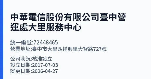中華電信股份有限公司臺中營運處大里服務中心的照片-統編 72448465(臺中市) 公司登記資料與營業項目詳細圖表