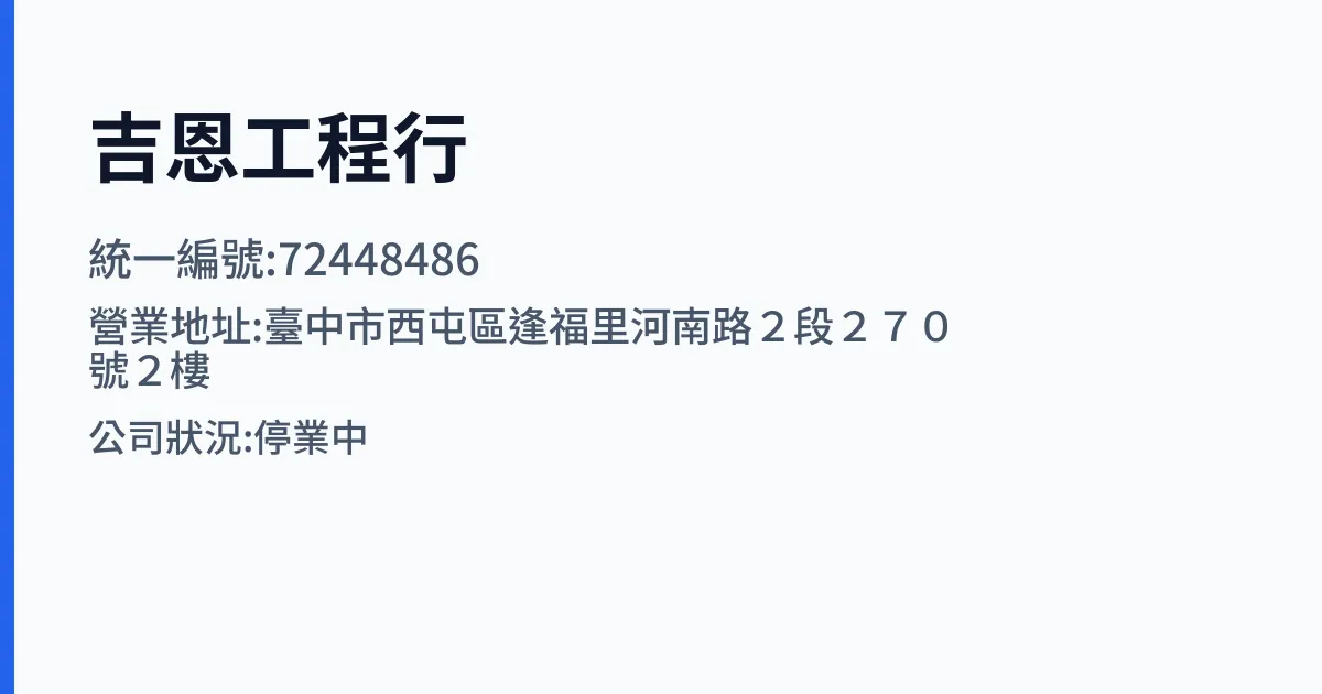吉恩工程行 - 統編 72448486(臺中市) 公司登記資料與營業項目詳細圖表