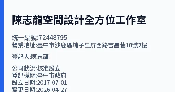 陳志龍空間設計全方位工作室的照片-統編 72448795(臺中市) 公司登記資料與營業項目詳細圖表