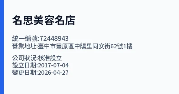 名思美容名店的照片-統編 72448943(臺中市) 公司登記資料與營業項目詳細圖表