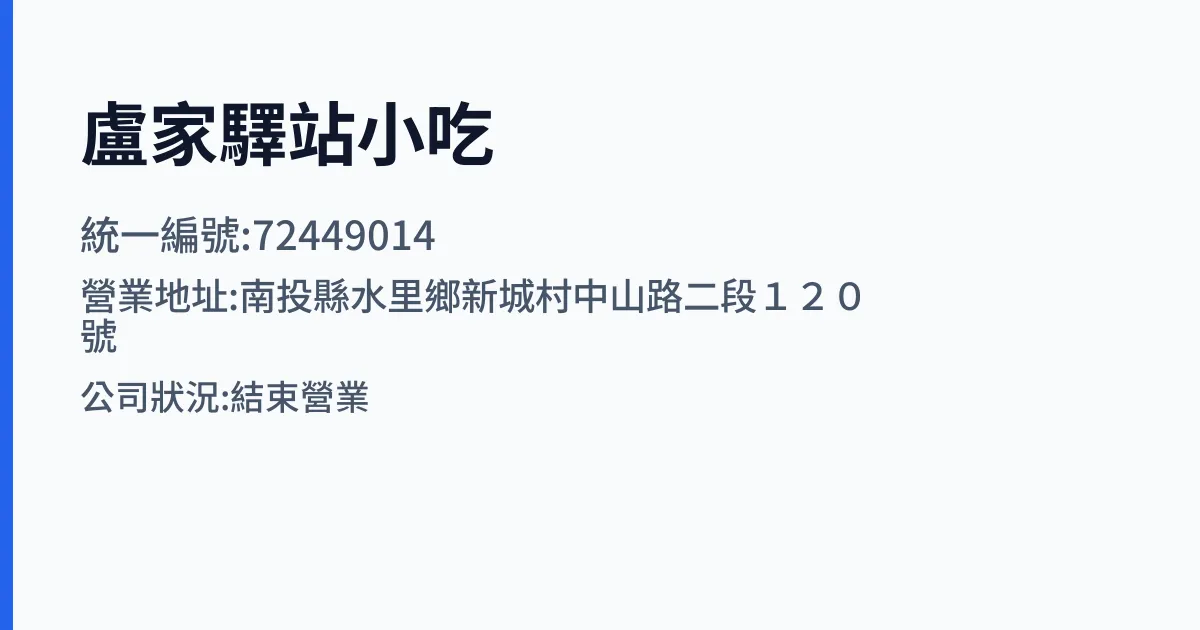 盧家驛站小吃 - 統編 72449014(南投縣) 公司登記資料與營業項目詳細圖表