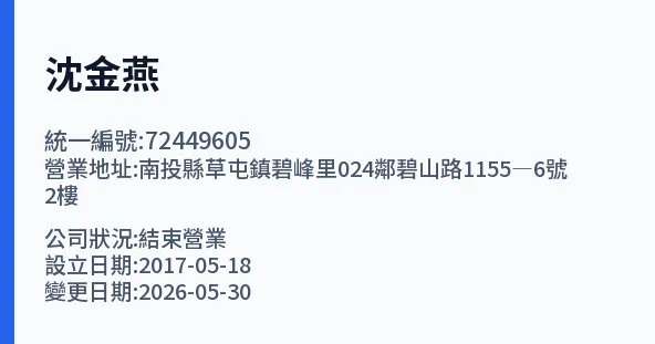 沈金燕的照片-統編 72449605(南投縣) 公司登記資料與營業項目詳細圖表