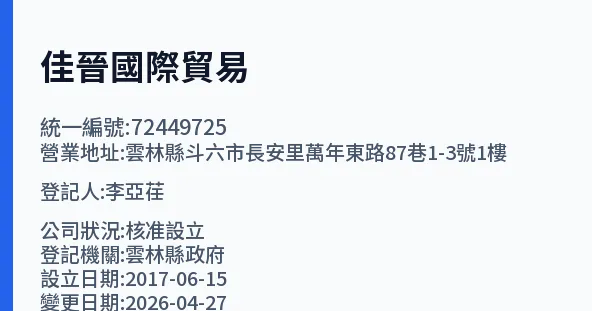 佳晉國際貿易的照片-統編 72449725(雲林縣) 公司登記資料與營業項目詳細圖表