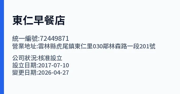 東仁早餐店的照片-統編 72449871(雲林縣) 公司登記資料與營業項目詳細圖表